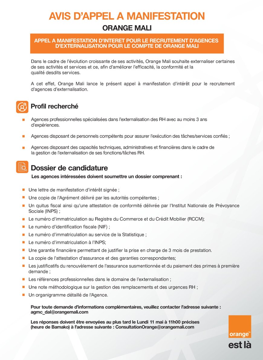 Orange Mali : Appel à manifestation d’intérêt pour le recrutement d ...